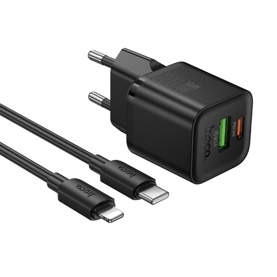 Сетевое зарядное устройство, 1 PD 20W + 1 USB 3.0 QC (N65), HOCO, Type-C to Lightning, черный