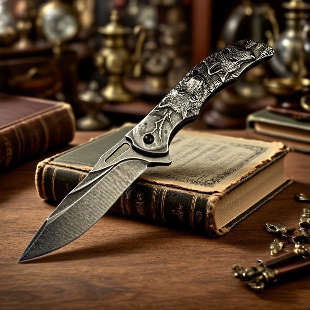 Углеродистая сталь рельеф двойной волк шаблон складной нож открытый кемпинг портативный нож выживания высокой твердости острые фрукты нож из нержавеющей стали