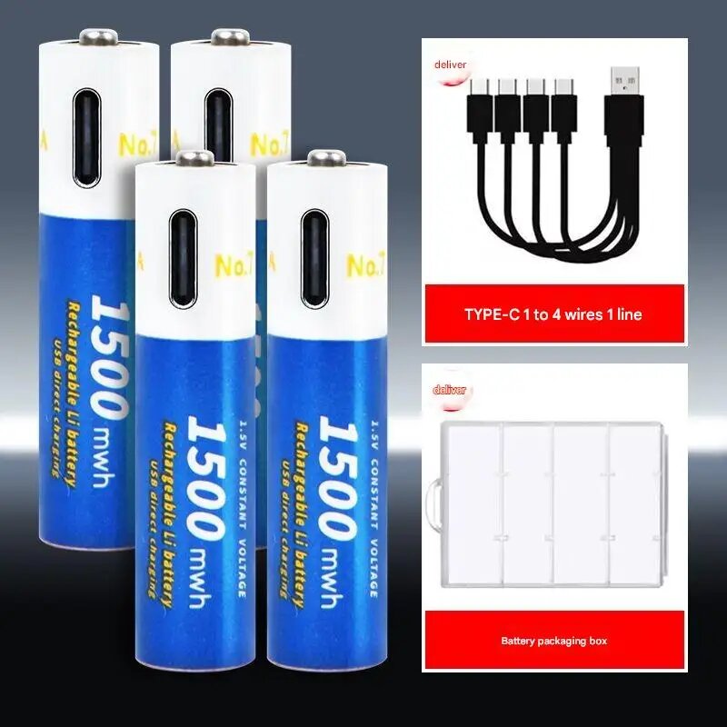 Литиевая перезаряжаемая батарея Jiansu USB Type-C 3000 мВтч для игрушек и мыши 4pcs(AAA)