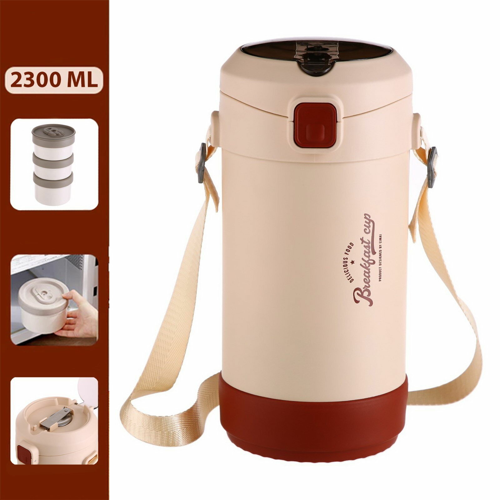 Термос для еды, 1.2 л, 27x15 см, 3 контейнера, складная ложка, нержавеющая сталь, бежевый, красный