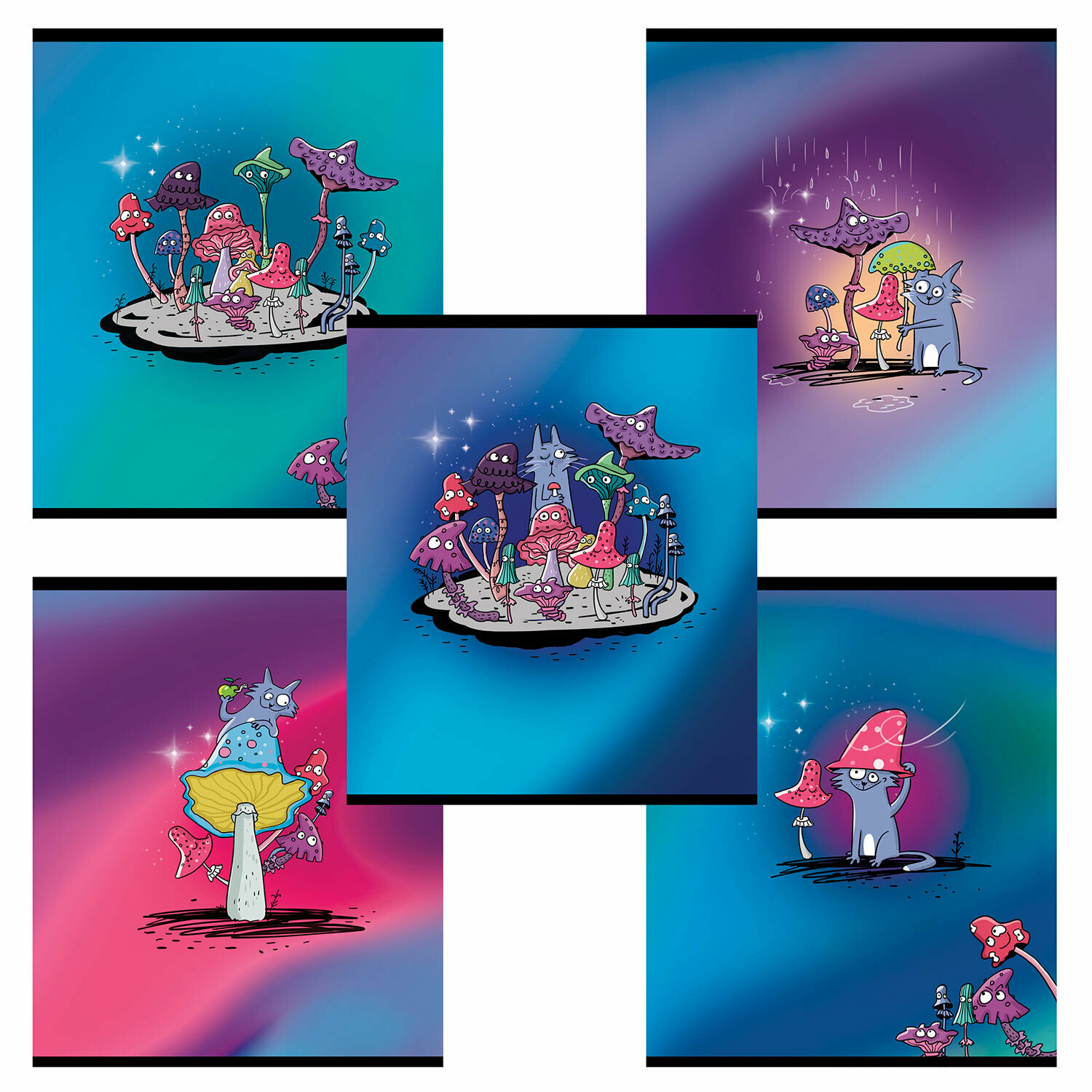 Тетрадь А5 48 л. Пзбм, скоба, клетка, Soft Touch, брайль 3D, "Поганки" (микс в спайке), 23836 (упаковка 5 шт.)