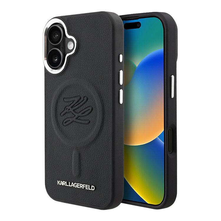 Karl Lagerfeld чехол MagSafe для iPhone 16, PU-кожа Initials & Metal logo, черный