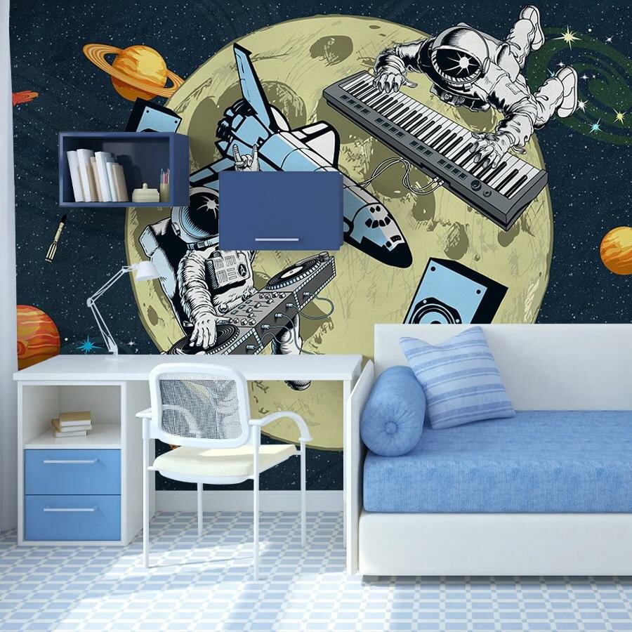 Фотообои В детскую: Космонавты-диджеи 14-731-L-Флекс 270 x 400 см (ВхШ) Бесшовные, флизелиновые, влагостойкие обои MasterFresok