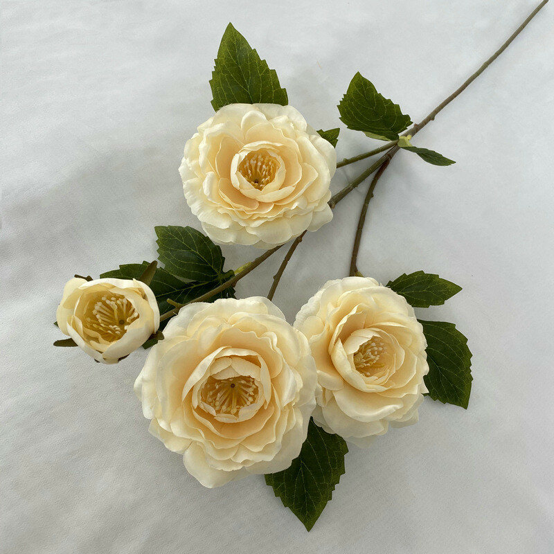 Long branch fu character fourhead camellia artificial flower for wedding photography and interior design champagne