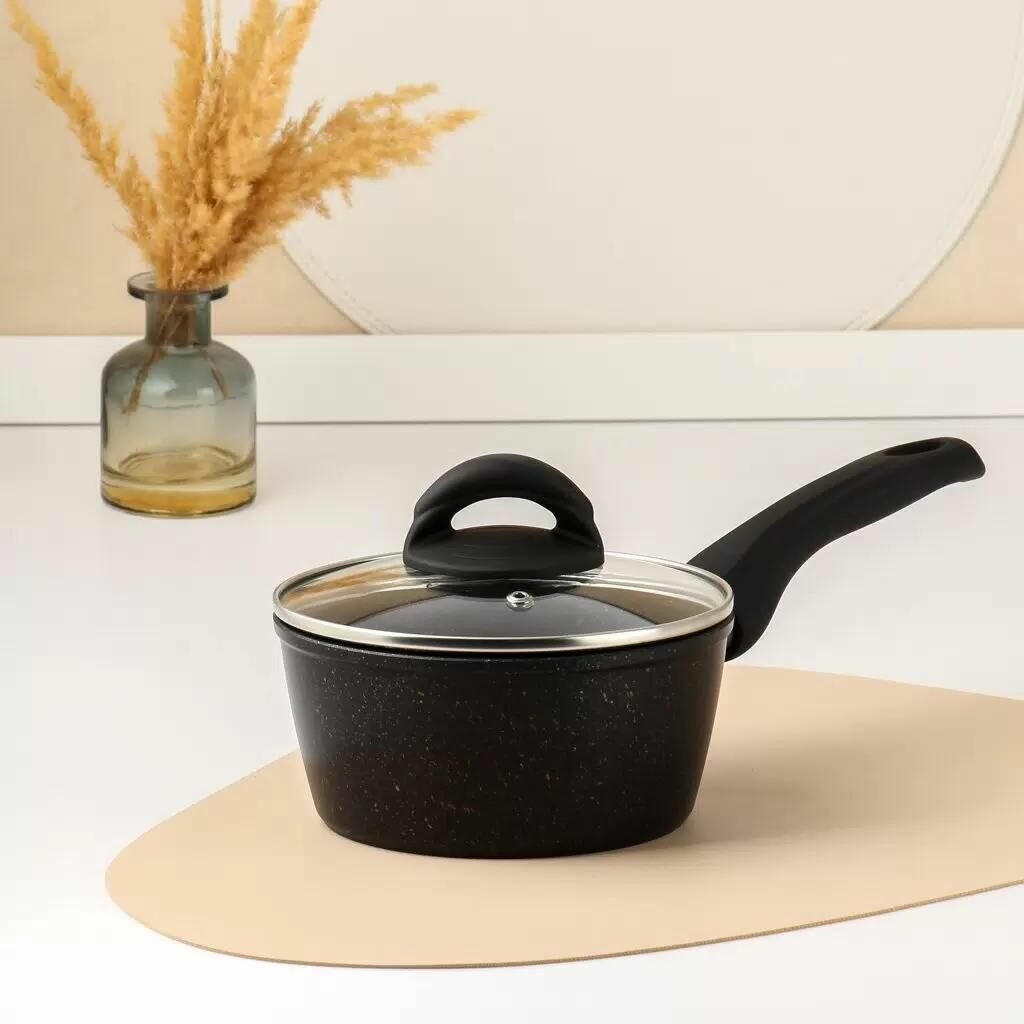 Ковш Гурман алюминиевый, с антипригарным покрытием, 1,2 л, со стеклянной крышкой, с пластиковой ручкой, индукционный