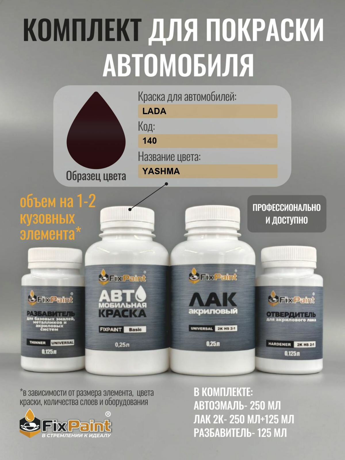 Комплект для покраски LADA, код 140, YASHMA, базовая автомобильная эмаль 250 мл, лак 2K 250 мл с отвердителем, разбавитель 125 мл, FixPaint Pro