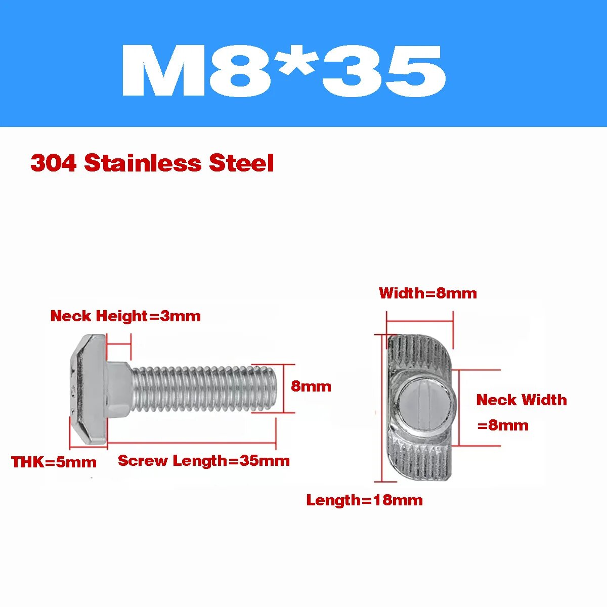Т-образные винты из нержавеющей стали 304 M6M8 10pcs M8X35