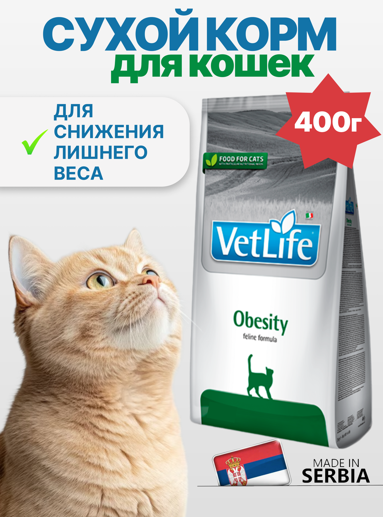 Farmina Vet Life Cat Obesity сухой корм для взрослых кошек с ожирением - 400 г