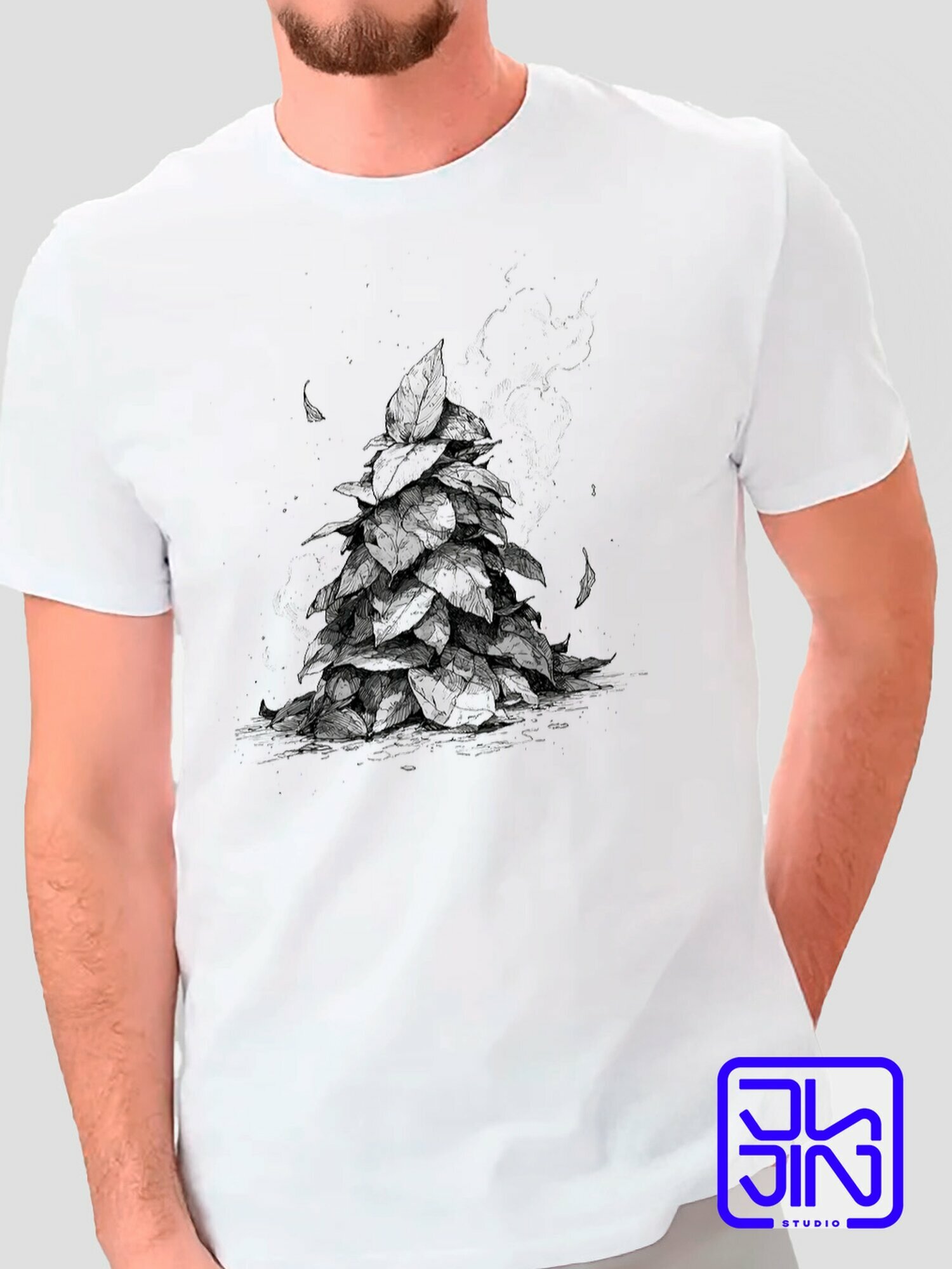 Футболка классическая мужская с авторским принтом Куча осенних, сухих листьев в минималистичном черно белом графитовом лесу, белый хлопковый трикотаж с прикольным рисунком на груди