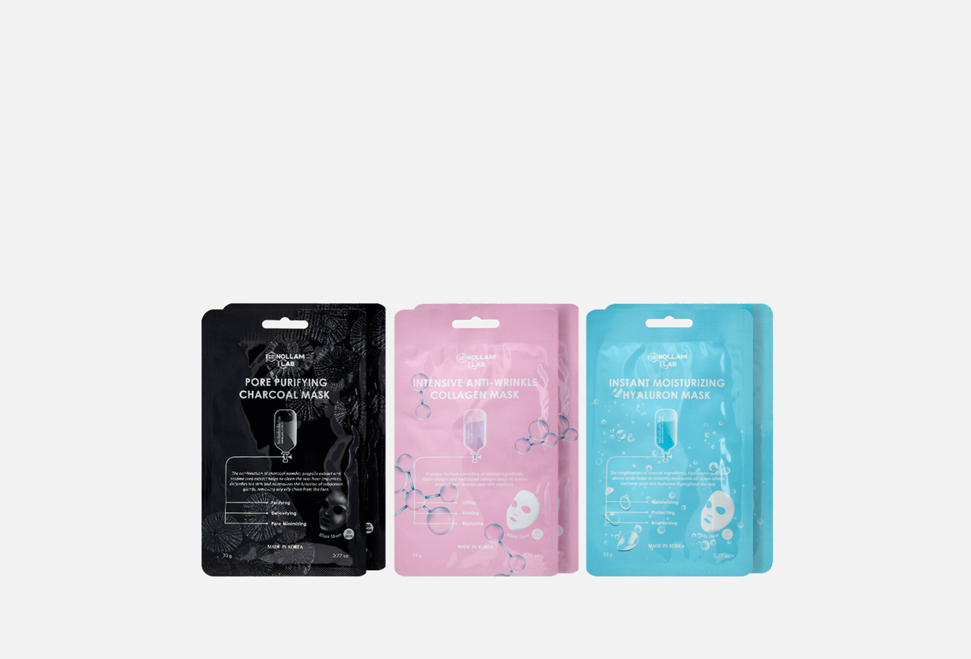 Набор тканевых масок для лица NOLLAM LAB Hyaluron, Collagen & Charcoal 138 г