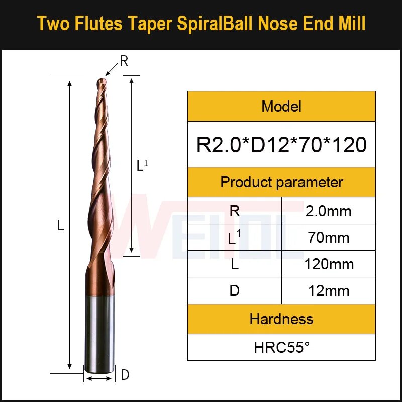 Weitol двухканальная конусная спиральная фреза R2.0-D12-70-120