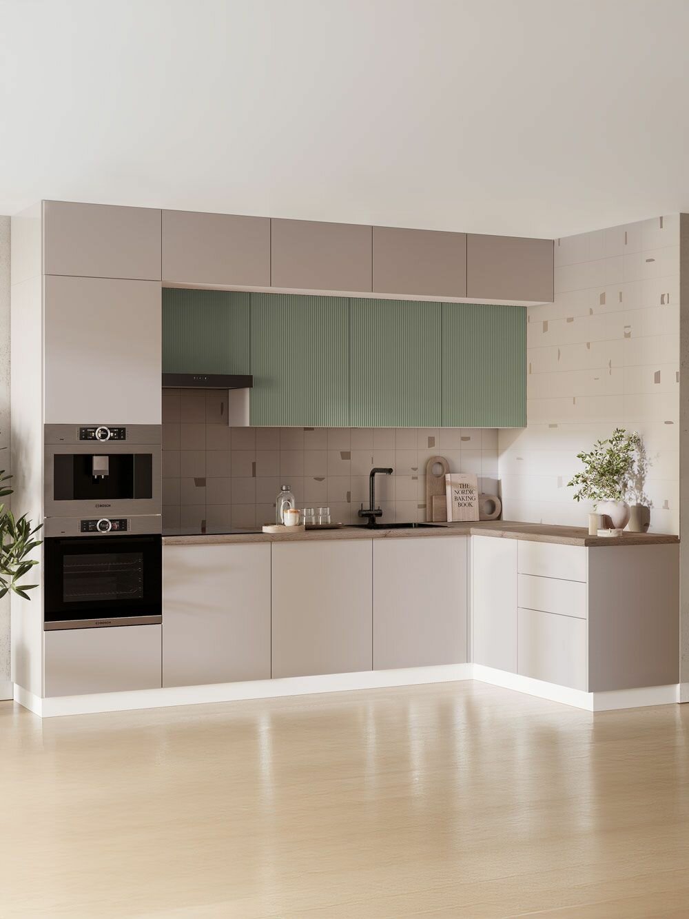 Кухонный гарнитур угловой Шарли 3х1.67 м, мебель для дома и кухни, Белый / Эвкалипт Софт / Кашемир / столешница Антарес