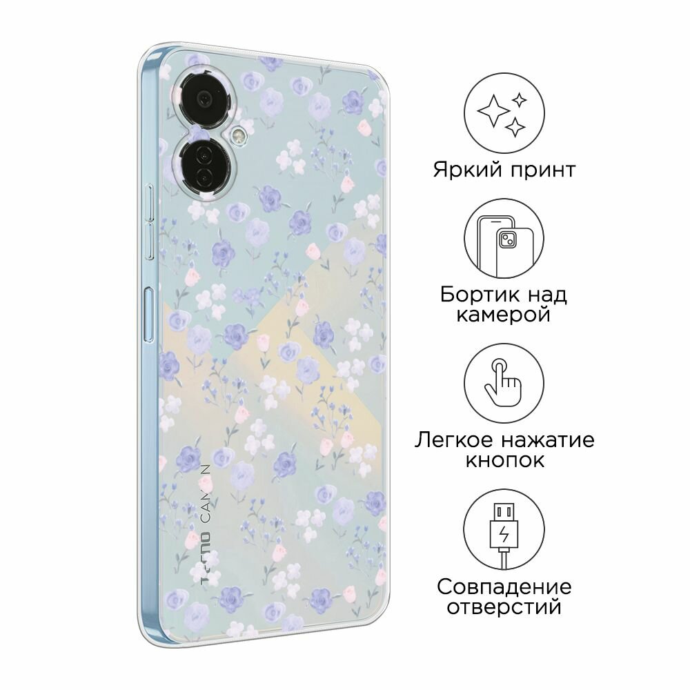 Чехол на Tecno Camon 19 Neo / Техно Камон 19 Нео с принтом "Сиреневые розы паттерн", прозрачный — фото 1