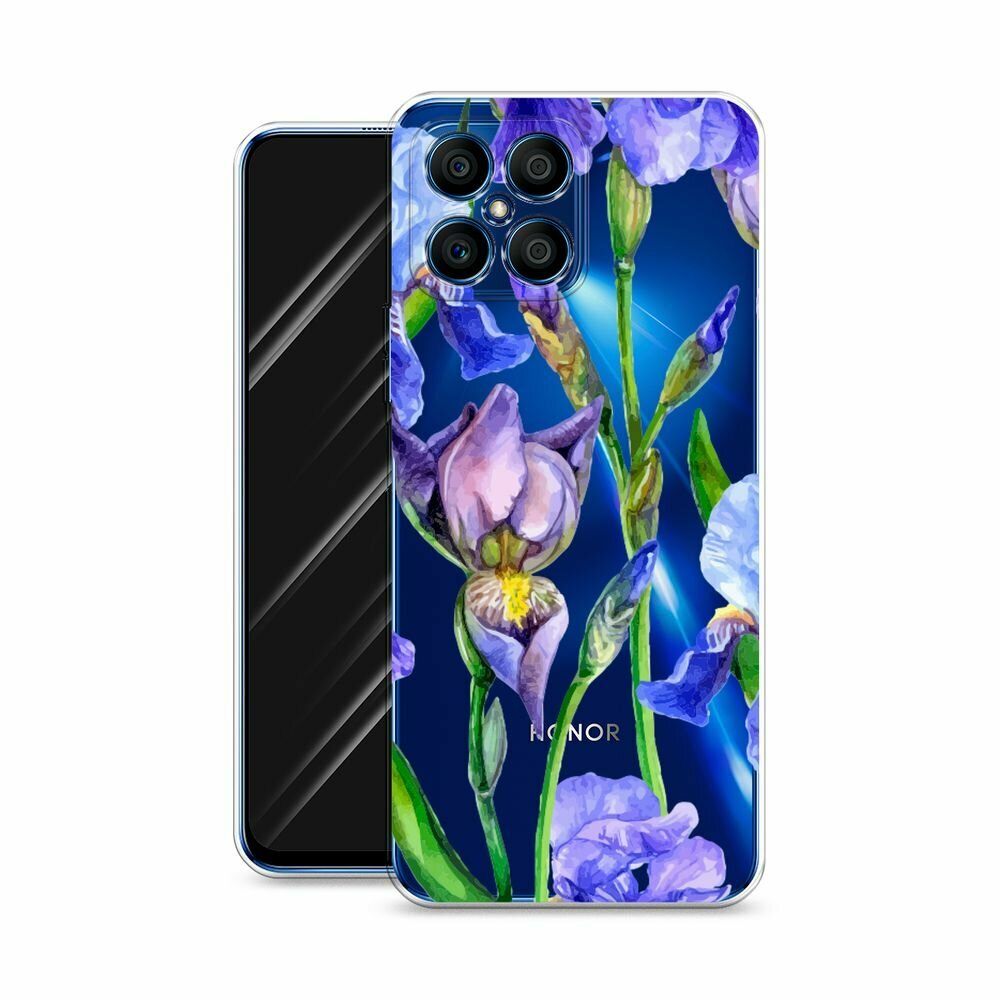 Чехол на Honor X8 / Хуавей X8 с принтом "Синие ирисы", прозрачный — фото 1