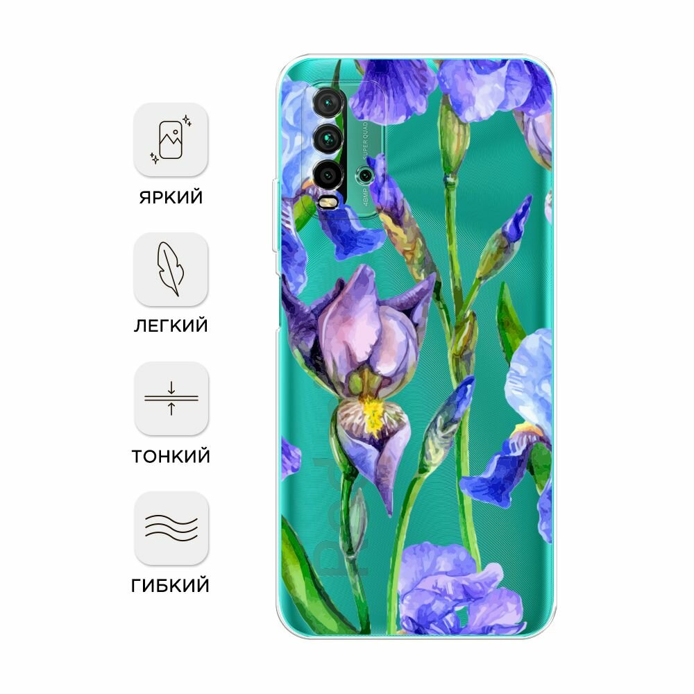 Чехол на Xiaomi Redmi 9T / Сяоми Редми 9Т с принтом "Синие ирисы", прозрачный — фото 1