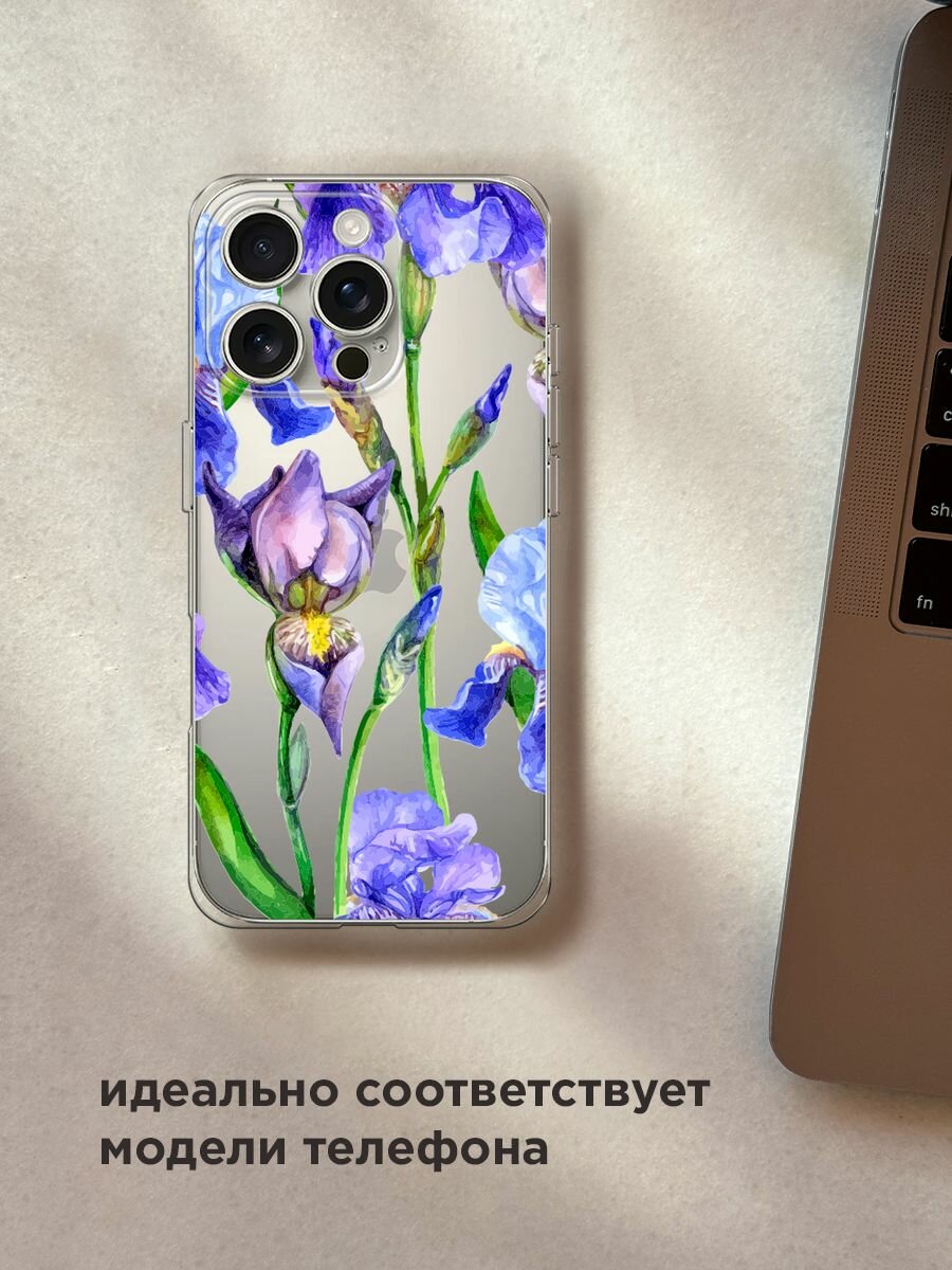 Чехол на Apple iPhone 16 Pro / Айфон 16 Про с принтом "Синие ирисы", прозрачный — фото 1