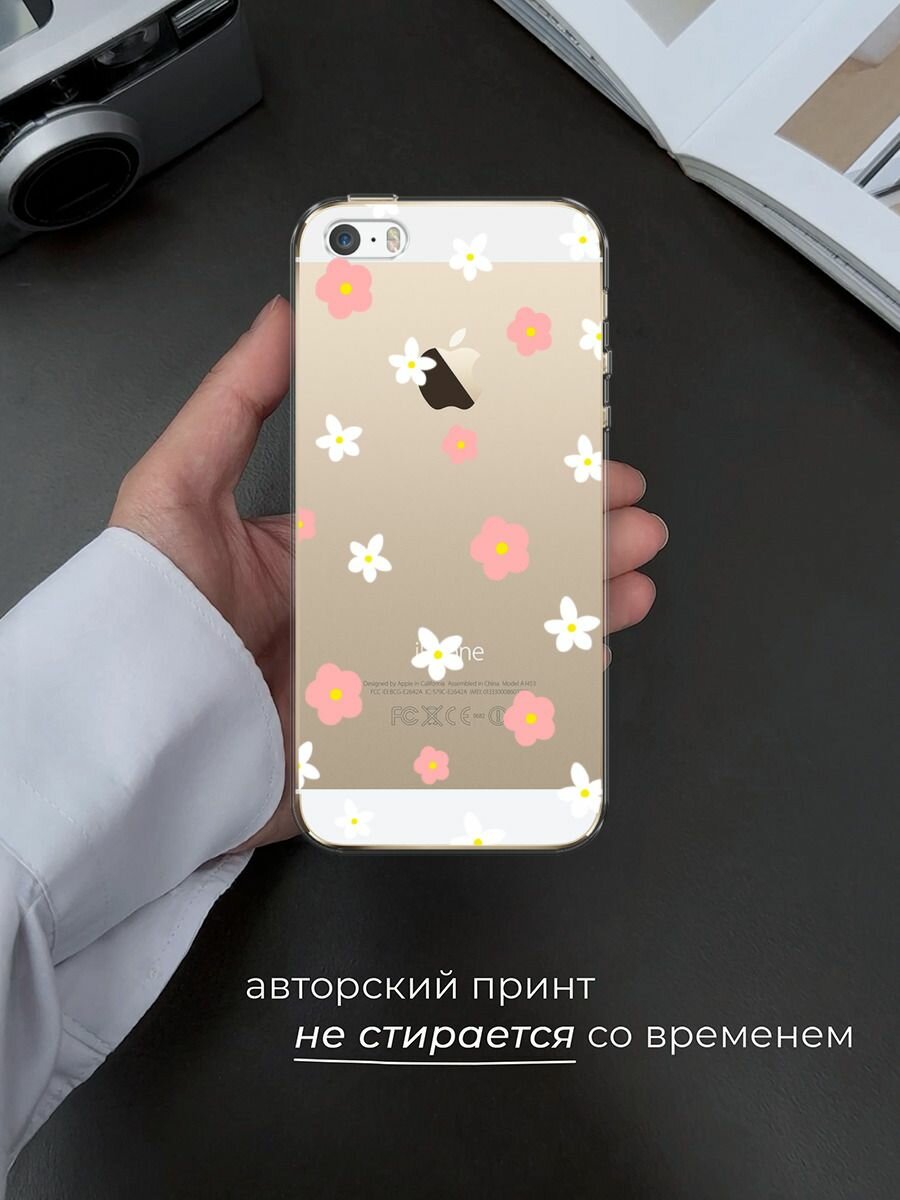 Чехол на Apple iPhone 5/5S/SE / Айфон 5/5S/SE с принтом "Розовые и белые цветы", прозрачный — фото 1
