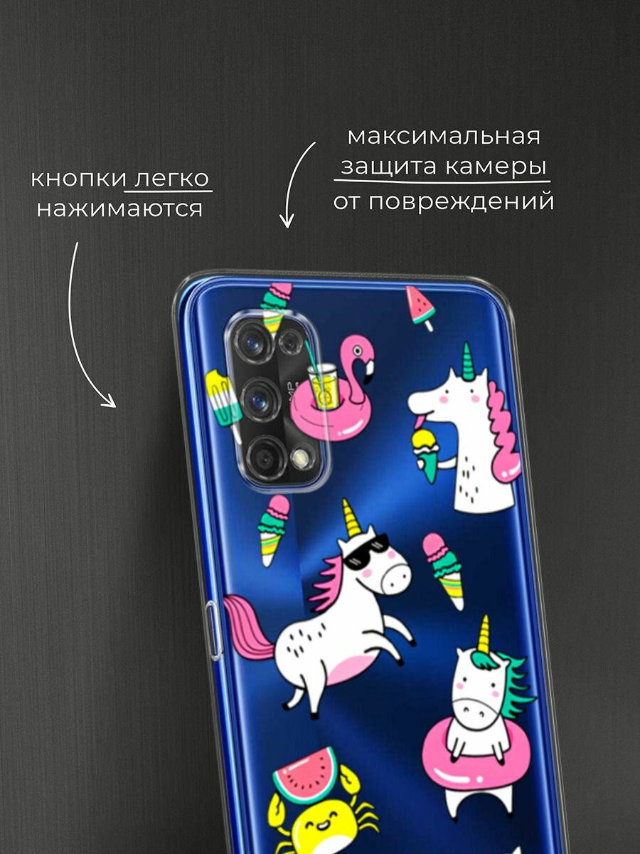 Чехол на Realme 7 Pro / Реалми 7 Про с принтом "Единороги в отпуске", прозрачный — фото 1
