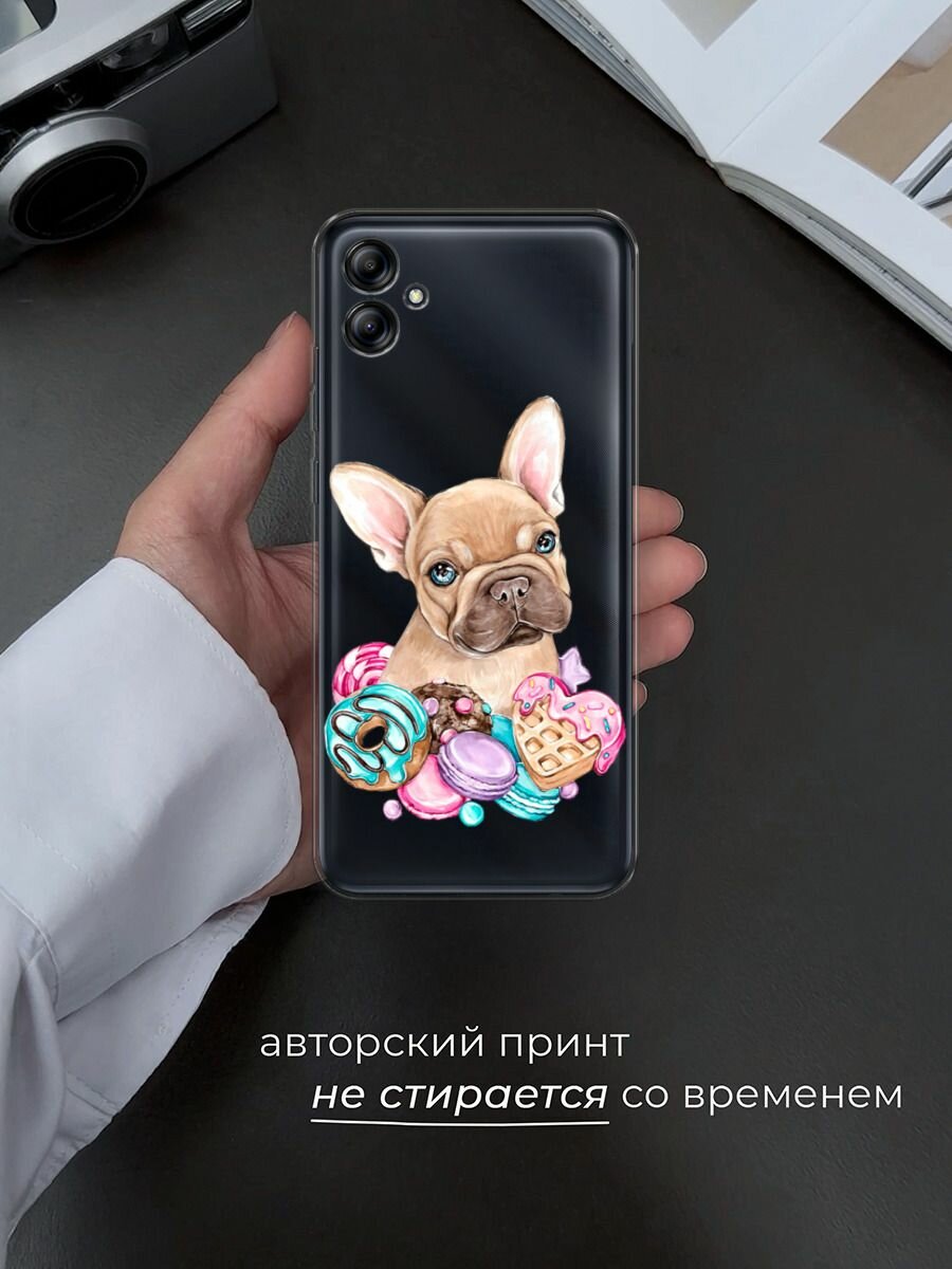 Чехол на Samsung Galaxy A04e / Самсунг A04e с принтом "Бульдог и сладости", прозрачный — фото 1