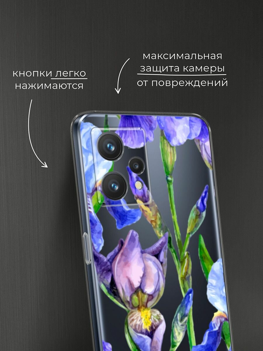 Чехол на Realme 9 4G/9 Pro Plus / Реалми 9 4G/9 Pro Plus с принтом "Синие ирисы", прозрачный — фото 1