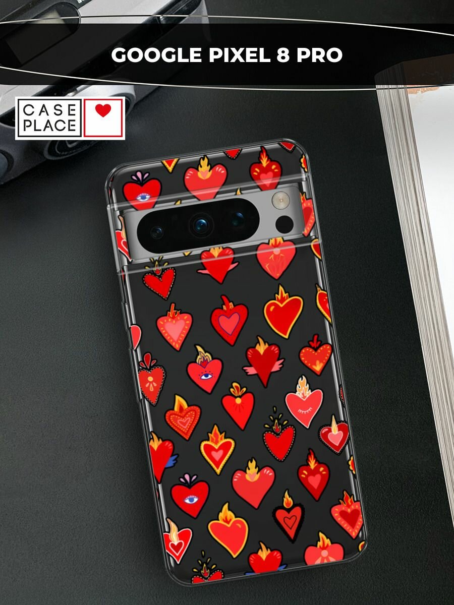 Чехол на Google Pixel 8 Pro / Гугл Пиксель 8 Про с принтом "Дьявольские сердца паттерн", прозрачный