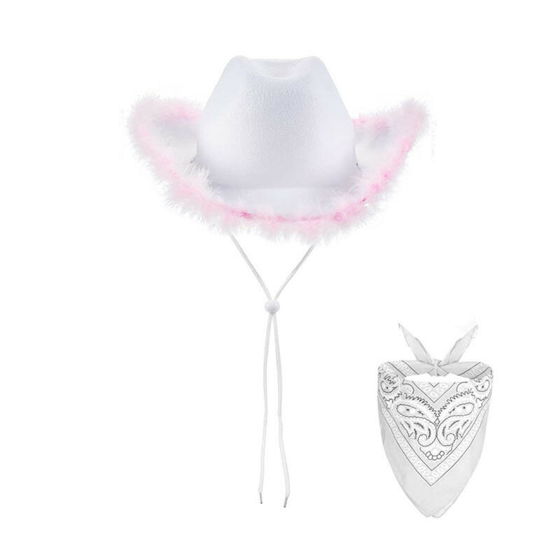 Cowboy hat holiday themed white wool edge with bandana for festive occasions white pink edge