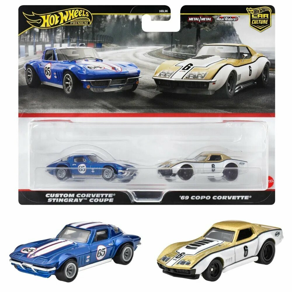 Машинка коллекционная Mattel Hot Wheels Premium 2 Pack HBL96-Custom Corvette Stingray Coupe & 69 Copo Corvette