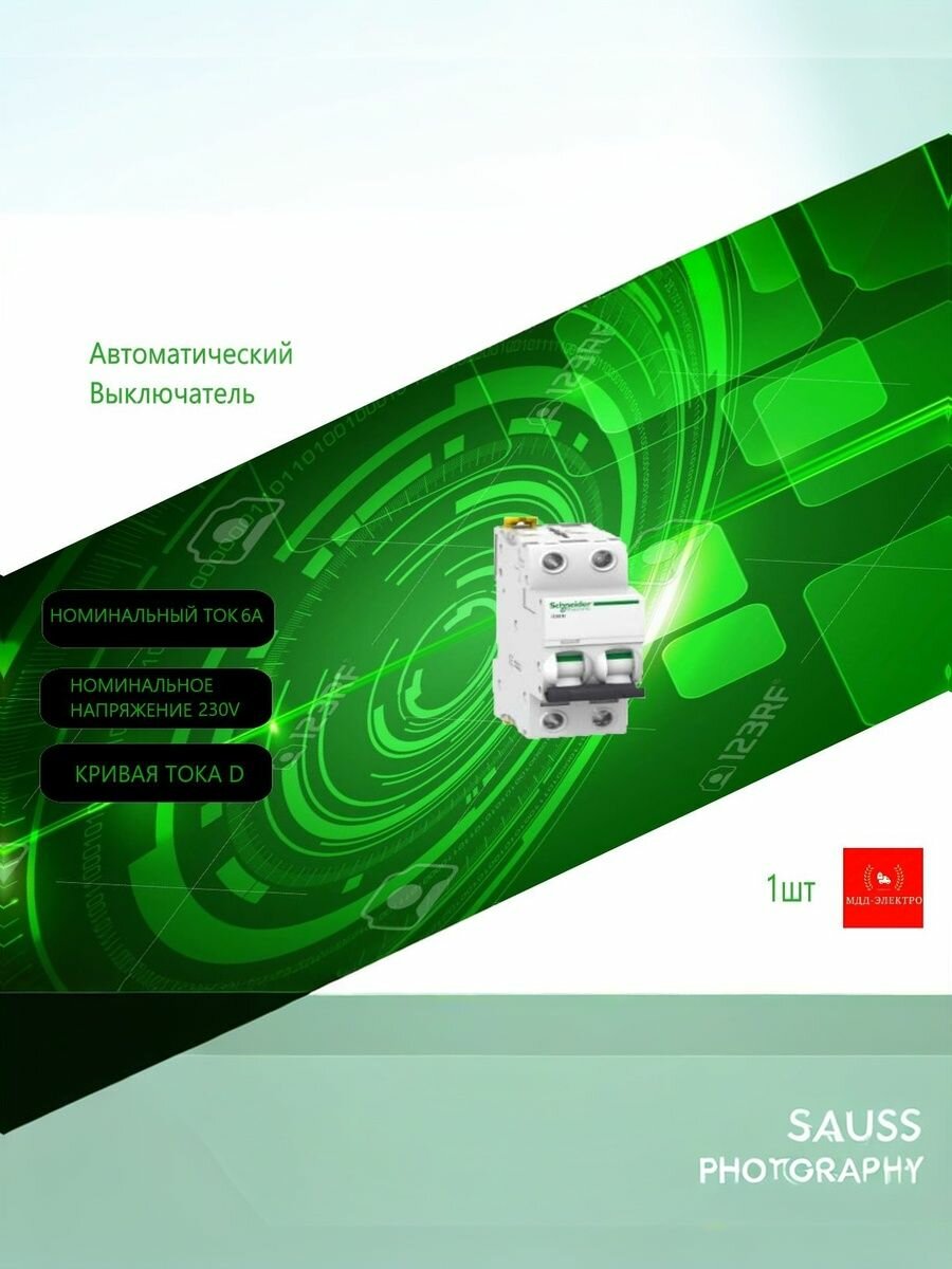 Автоматический выключатель Schneider Electric Acti9 2P 6А (D) 6кА, A9F75206