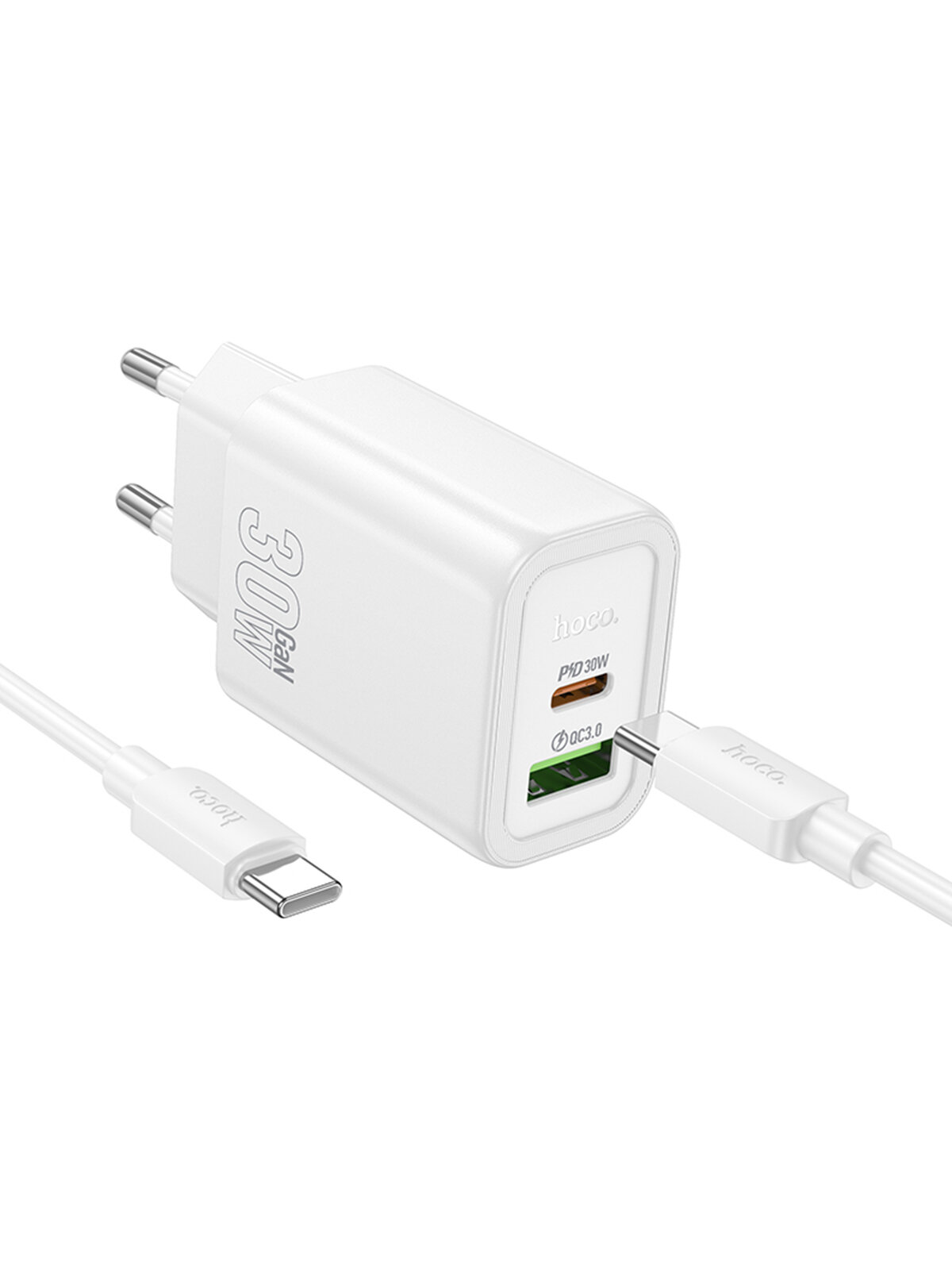 Сетевое зарядное устройство Hoco N63 с технологией GaN, с двумя портами USB-C/USB-A, быстрая зарядка 30W, с кабелем 1м