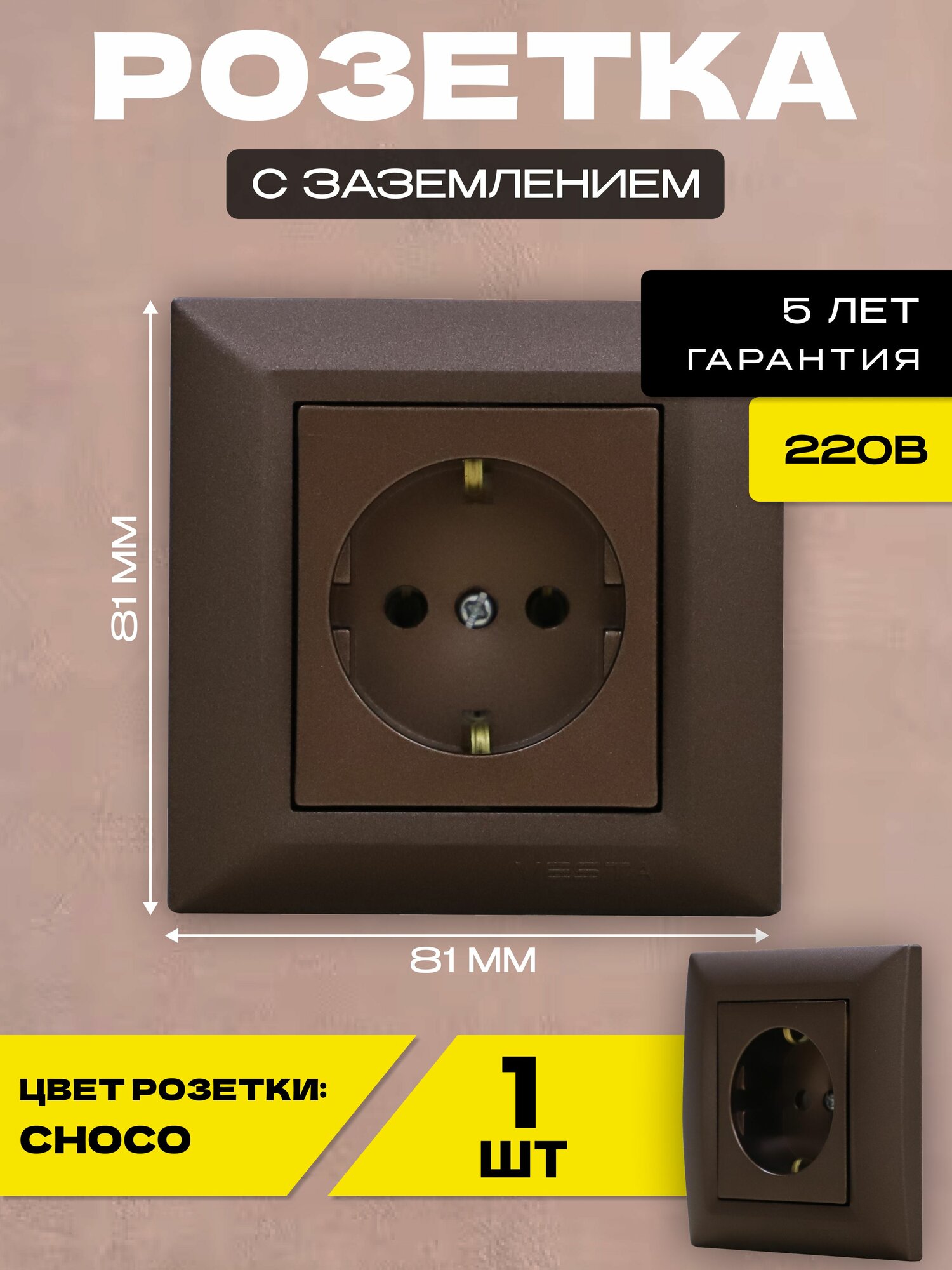 Розетка одинарная с заземлением коричневая с рамкой Metronex-Electric Roma Choco