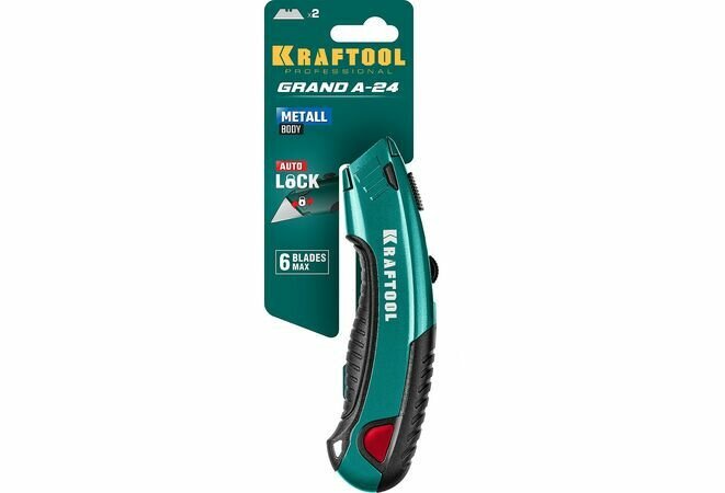 KRAFTOOL GRAND-24, универсальный нож с автостопом, 2 трап. лезвия А24