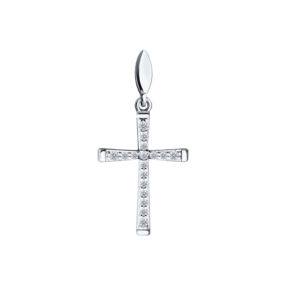 Крестик, белое золото, 585 проба, родирование, фианит