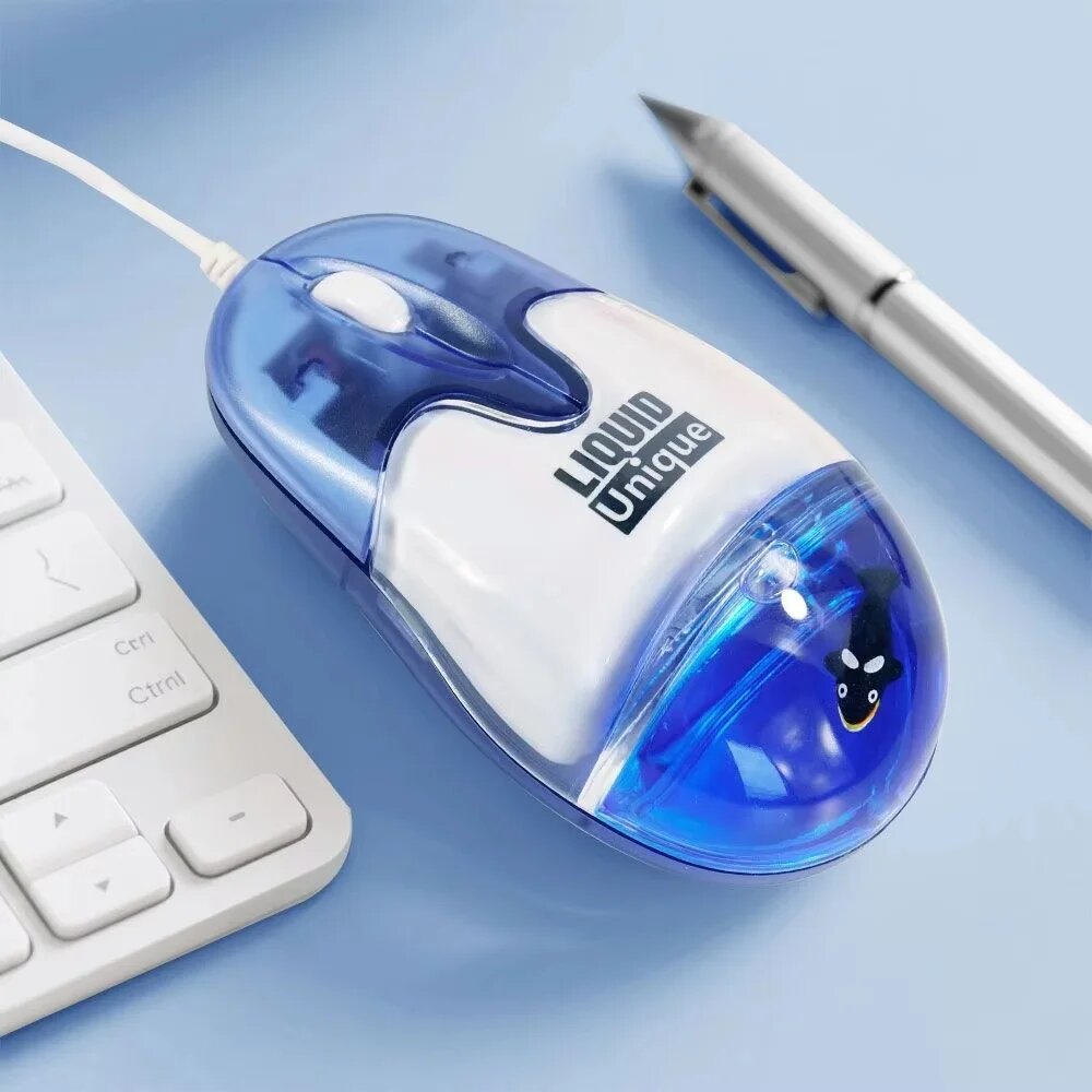 Проводная мышь с жидкостью и косаткой, прозрачный корпус, для офиса wired blue, Икона.