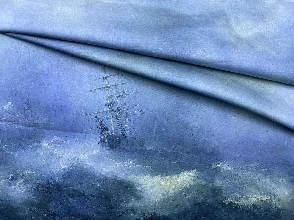 Ткань Хлопок синего цвета с принтом корабль в море 14413