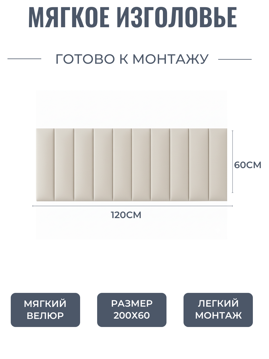 Спинка для кровати мягкая, изголовье 120 на 60 сантиметров, молочный велюр, рисунок 10 вертикальных полос