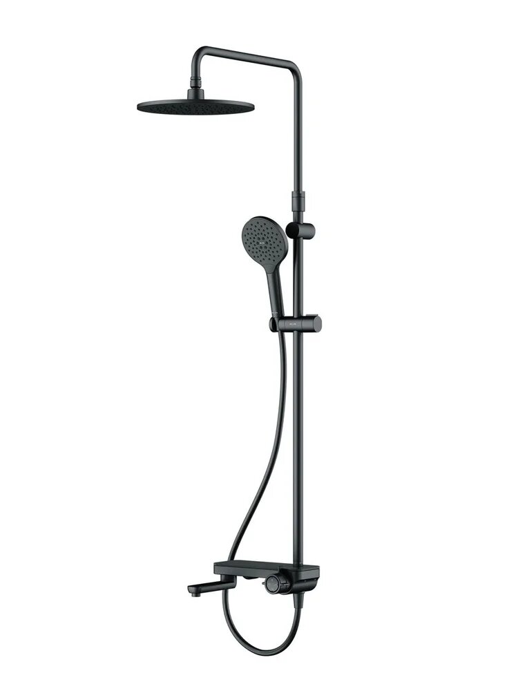 Душевая стойка AM.PM Like F0780722 со смесителем, черная, матовая, с тропическим душем, с изливом, с лейкой, душевая система, латунная, нержавеющая сталь