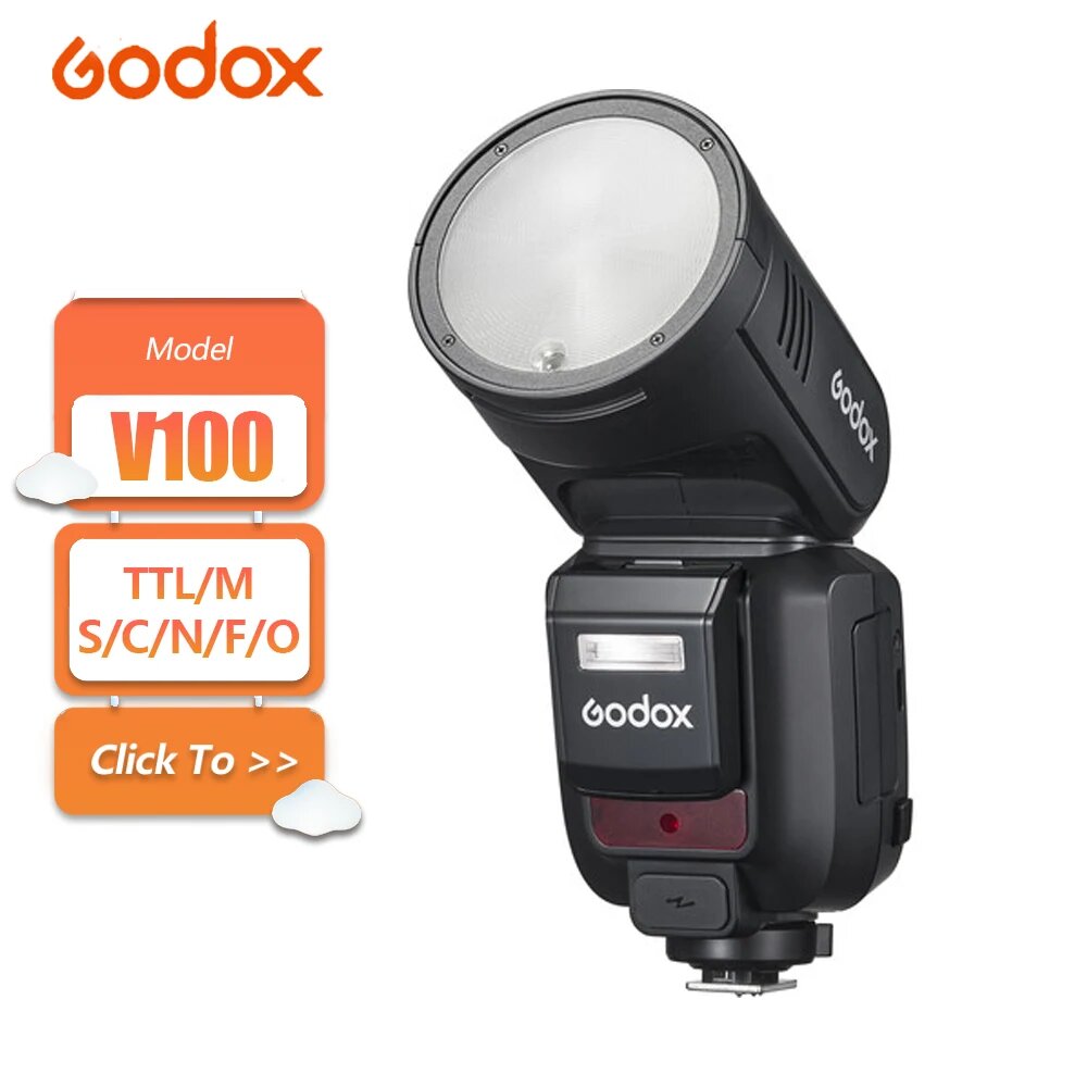 Вспышка Godox V100, сенсорная, круглая головка, мощность 100Вт