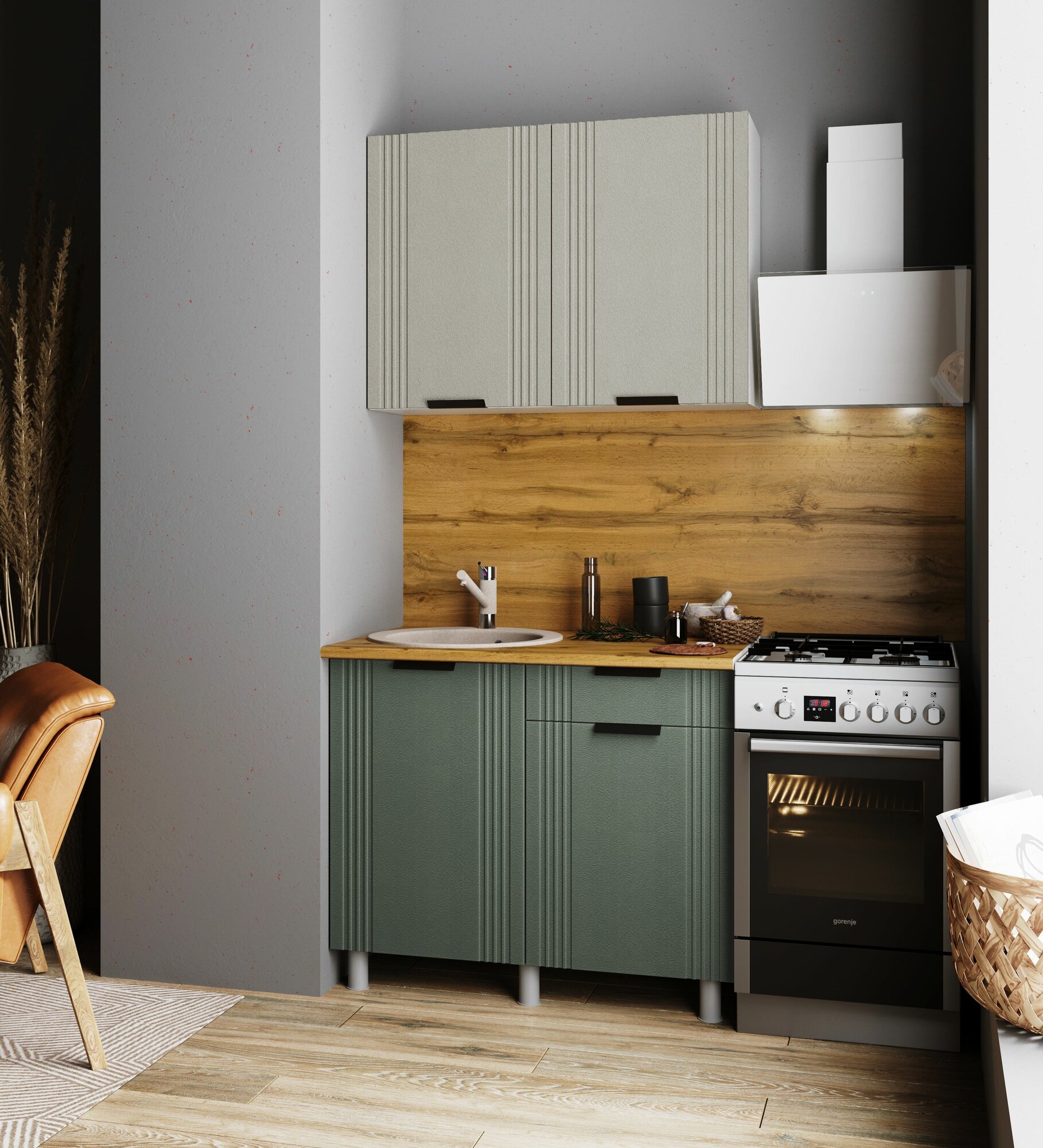 Кухонный гарнитур Монти (Корпус: 1,0 м белый + Фасад: "Монти" 1,0 м Лофт мята/Лофт капучино) (Микон)