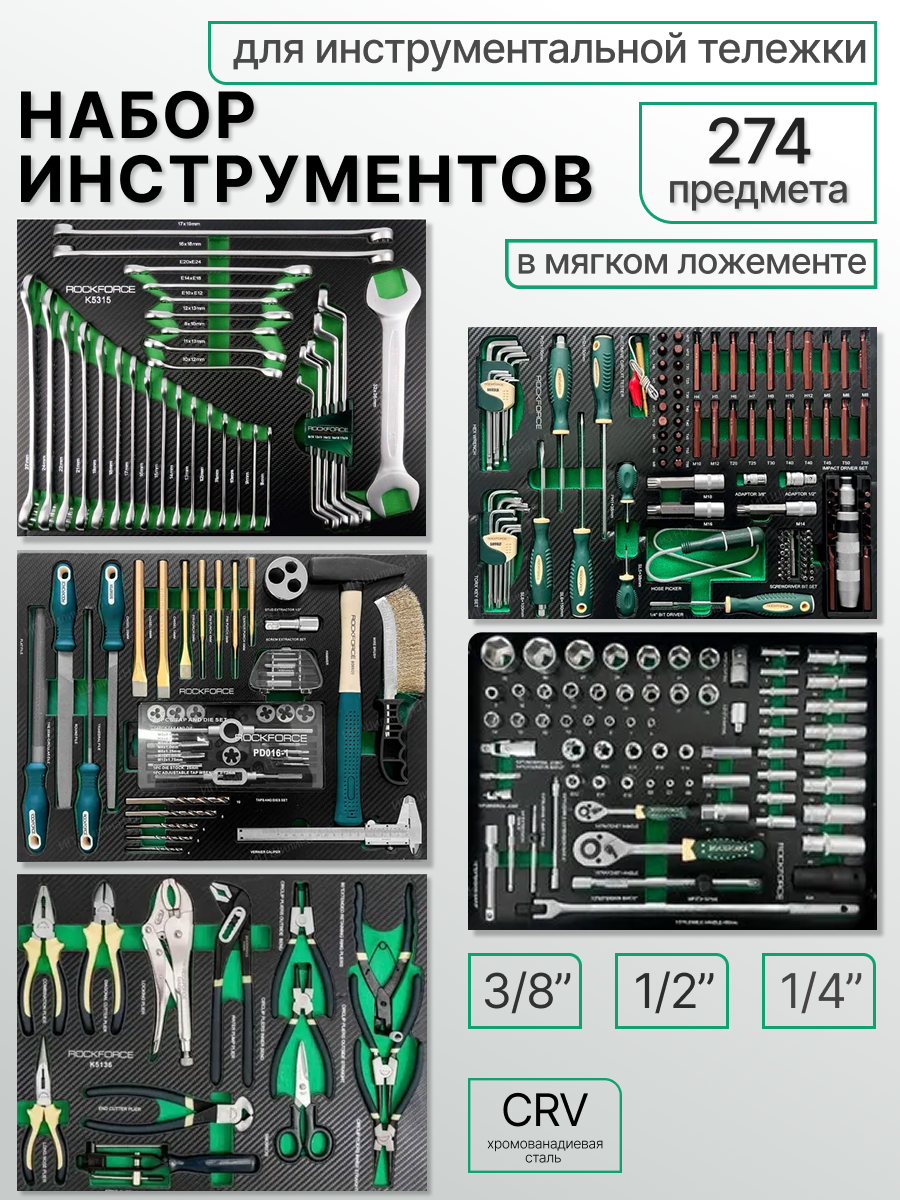Набор инструментов Rock Force для инструментальной тележки 274 предмета в Мягком ложементе