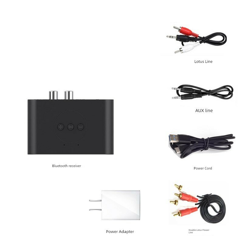 Bluetooth аудиоприемник 5.4 с AV-кабелем, двойным RCA-кабелем и блоком питания, полный комплект