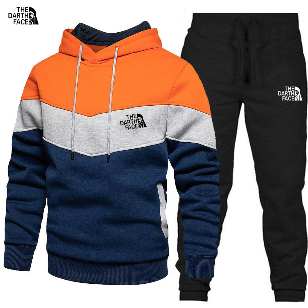 Мужская толстовка с капюшоном в стиле пэчворк, зимний двухсекционный костюм с флисовой подкладкой, утолщенный, теплый, с капюшоном, повседневный костюм