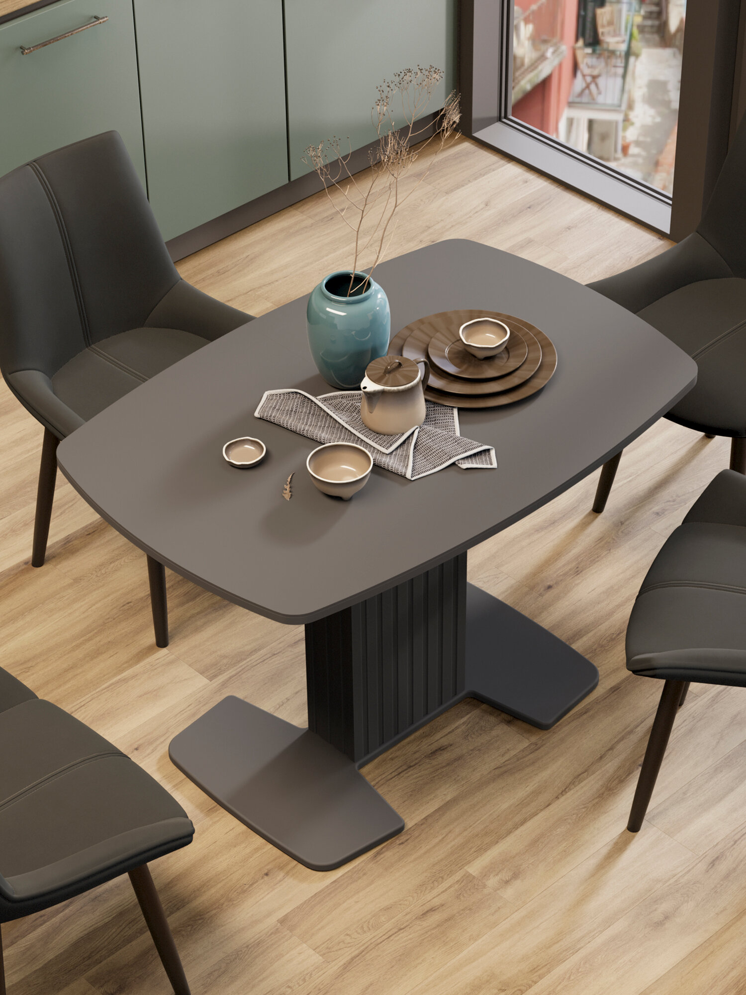 Стол обеденный раздвижной Мебель Трия Хилтон 108х70 см. Графит матовый/Стекло матовое серое