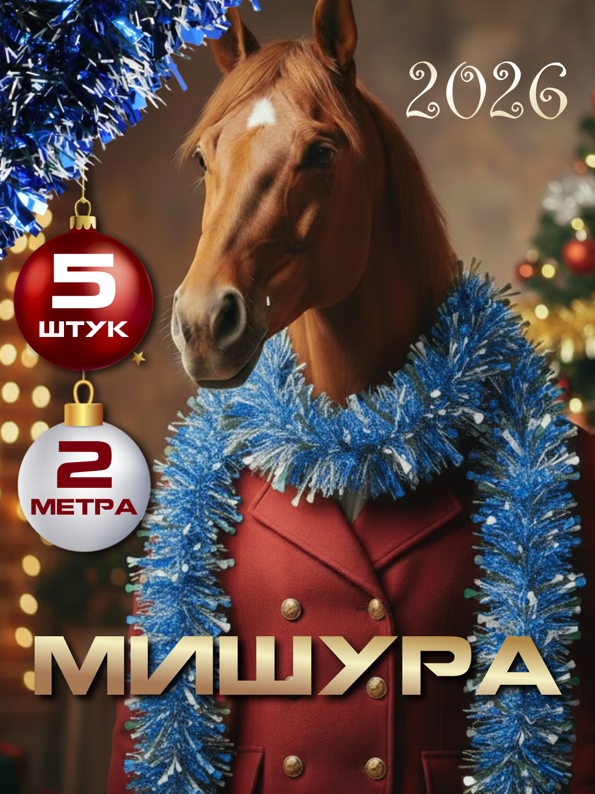 Мишура новогодняя пушистая и яркая, D90мм, длина 2м, синяя, 5 шт.