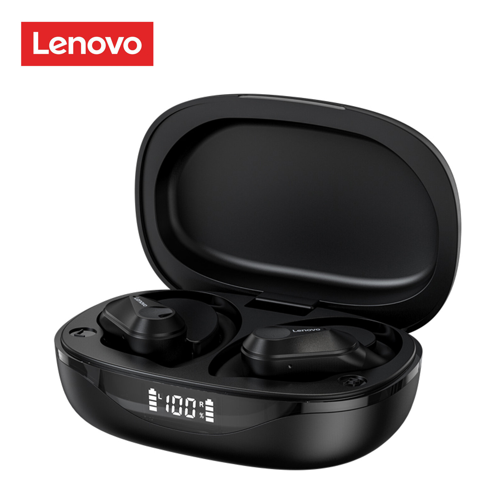 Lenovo LP75 Наушники Беспроводные True Wireless с Микрофоном, Технология BT5.3, Наушники с Крючком для Ушей, Спортивные, Противопот, Внутриканальные, Контейнер для Зарядки с Дисплеем Батареи, Черный, Белый, 1 Пара Наушников, 1 Контейнер для Зарядки, 2