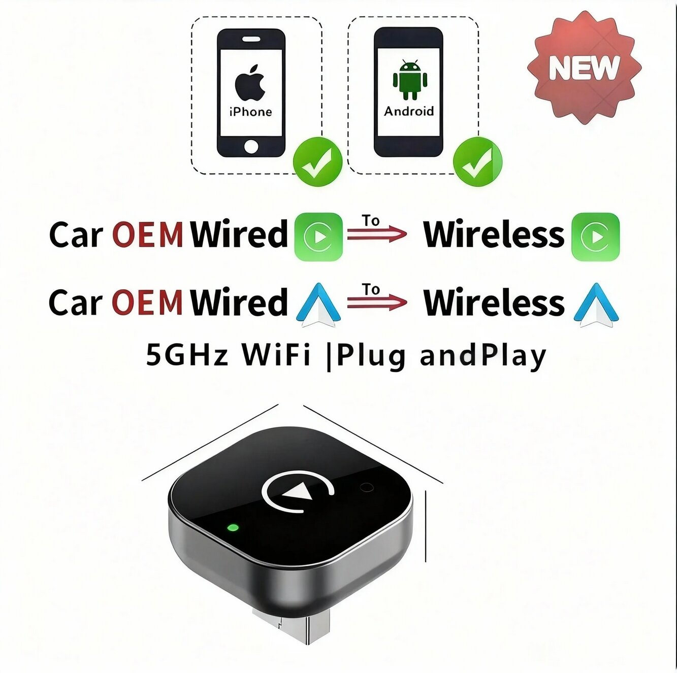 Коммуникатор автомобильный EKIY "2 в 1", для CarPlay, Android Auto, беспроводной,