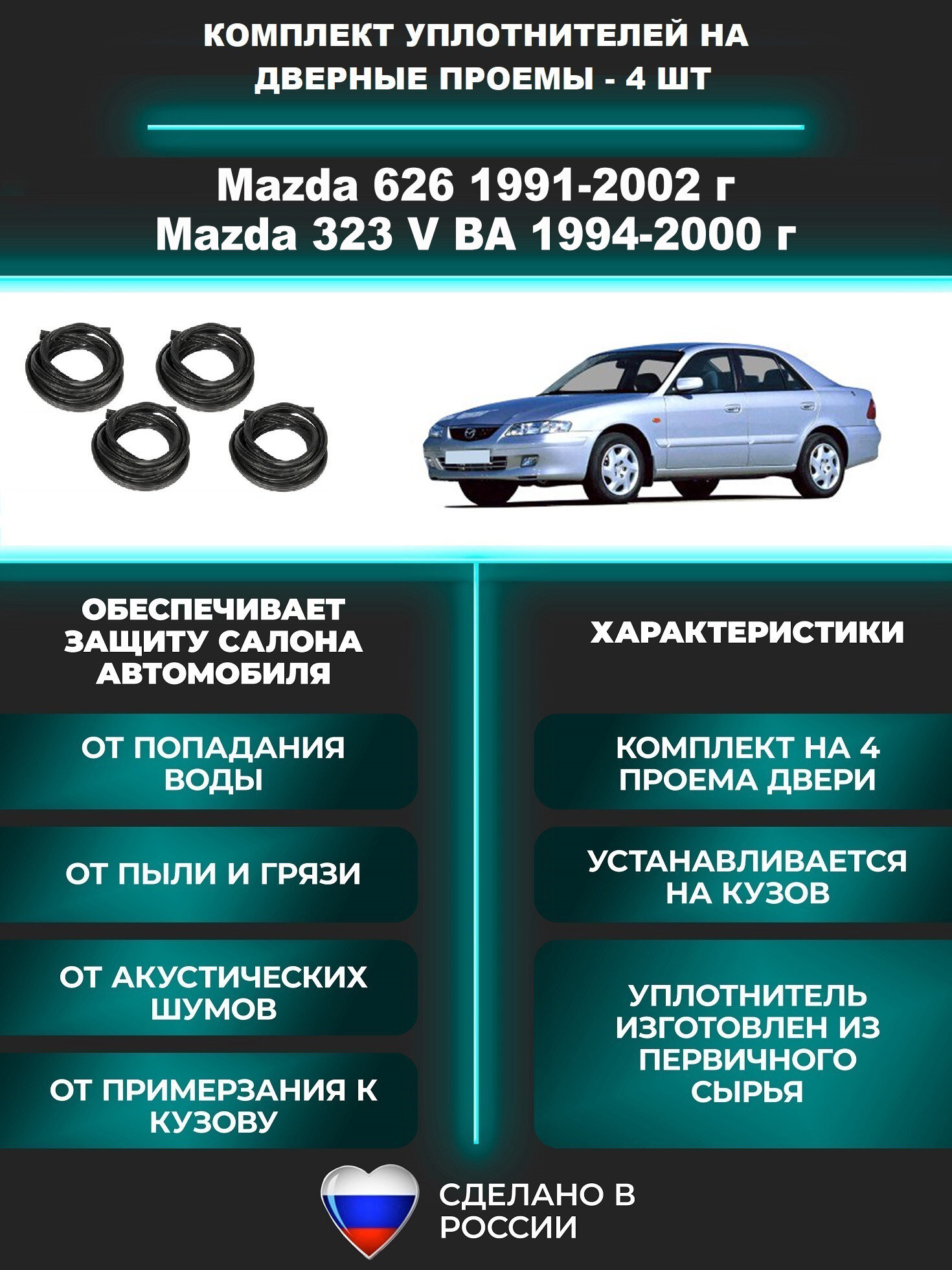 Комплект уплотнителей на проем дверей для Mazda 626 1991-2002 г, Mazda 323 1994-2000 г, Мазда 626, 323, 4 шт