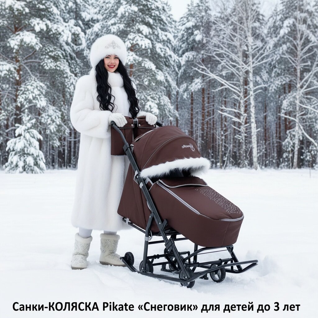 Санки-коляска "Pikate Снеговик", для новорожденных, с бампером, цвет шоколад