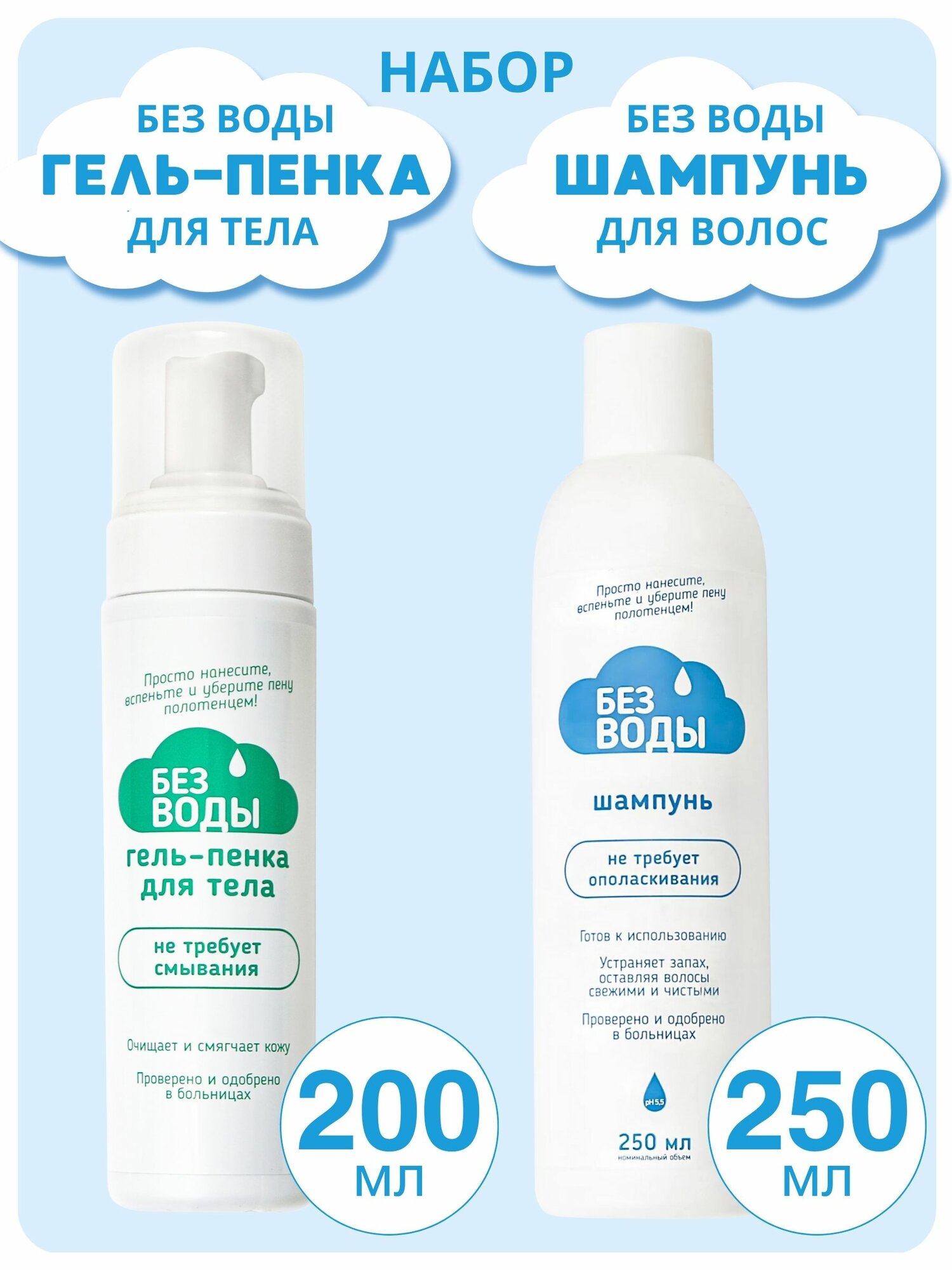Комплект гель-пенка для тела + шампунь для мытья волос «без воды» 250 мл