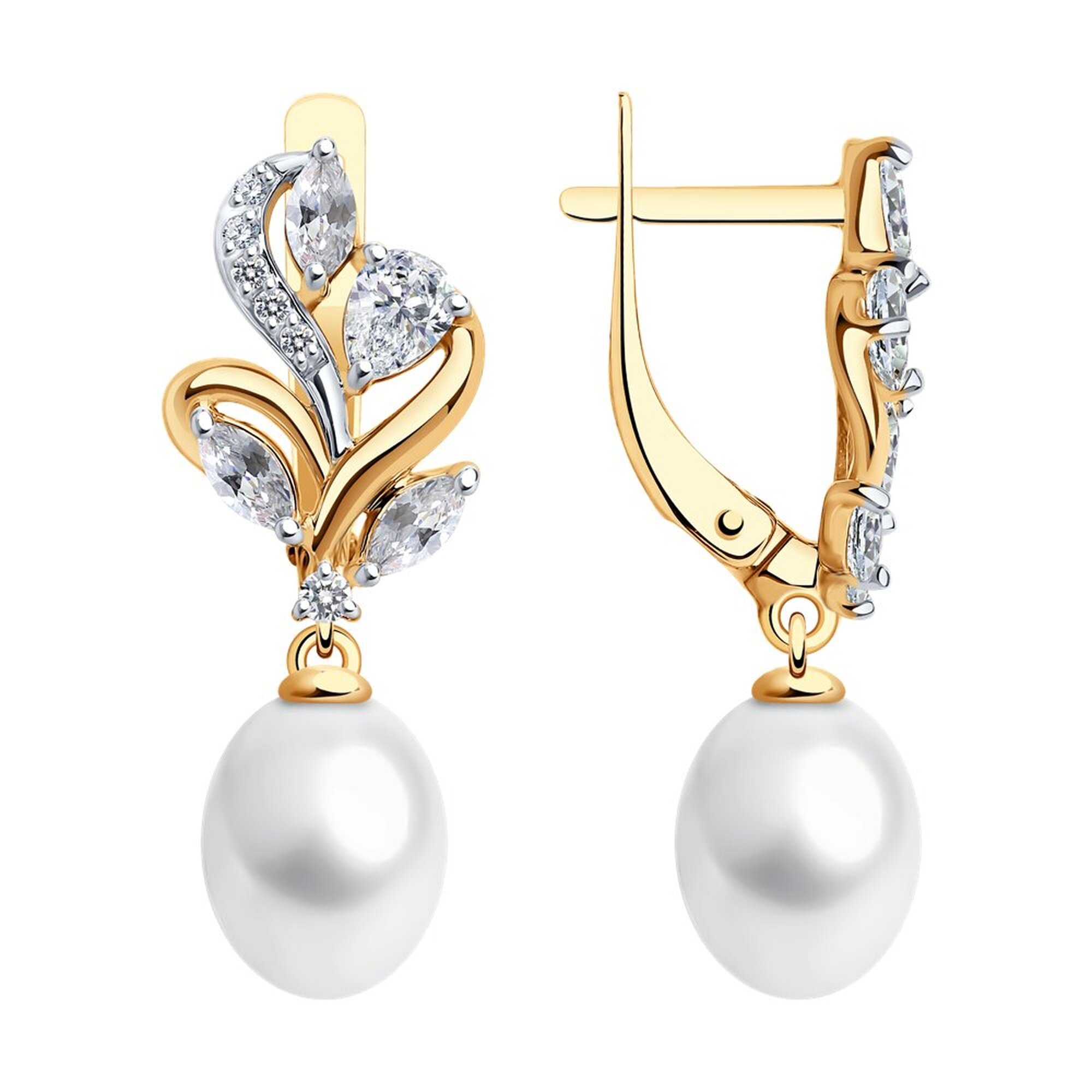 Серьги, красное золото, 585 проба, фианит, жемчуг