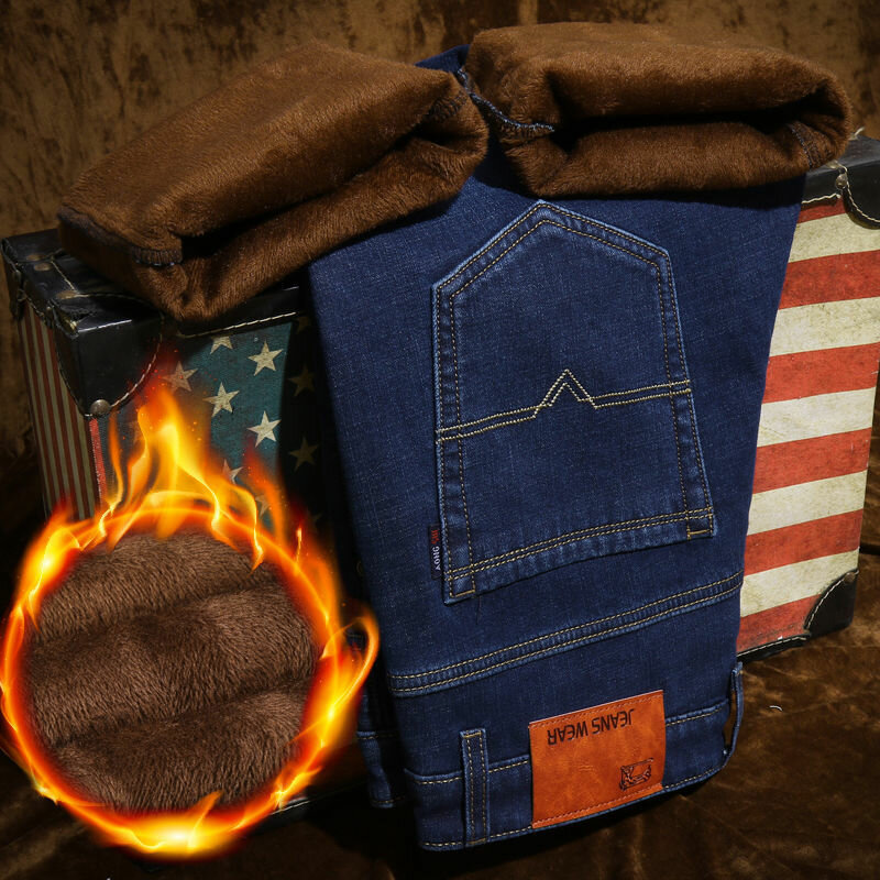 Тренд RONG CH Мужские Джинсы Флис Зима Толстые Слим Универсальные Деним, Размер_34